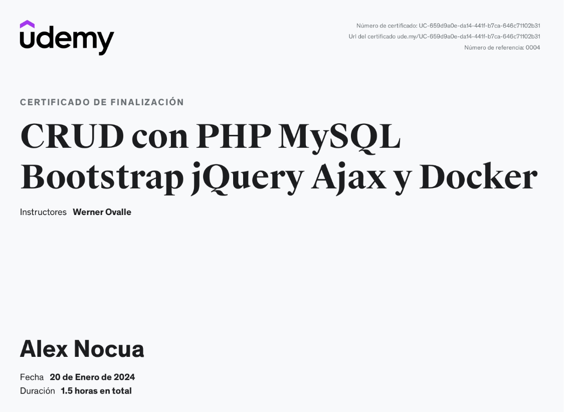 Certificación Udemy de “CRUD con PHP MySQL Bootstrap JQuery Ajax y Docker”.